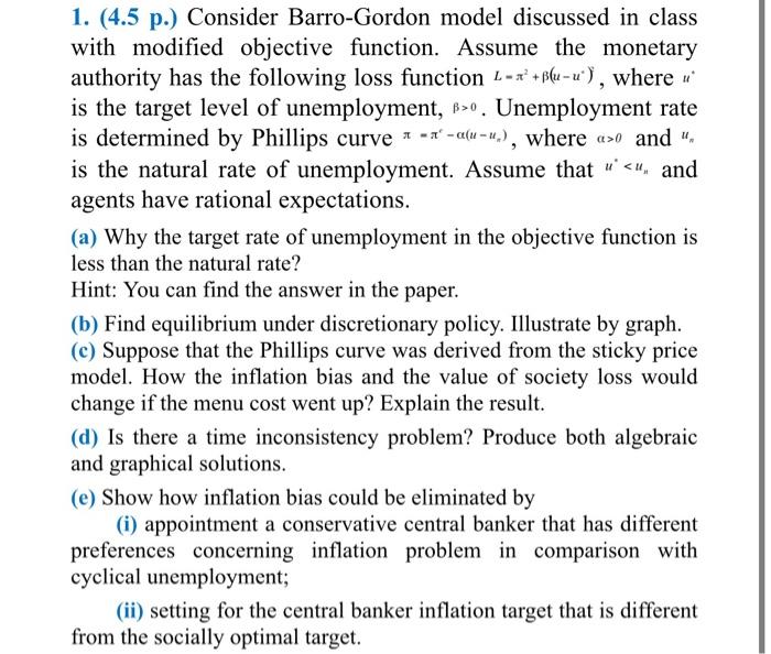 1. (4.5 p.) Consider Barro-Gordon model discussed in | Chegg.com