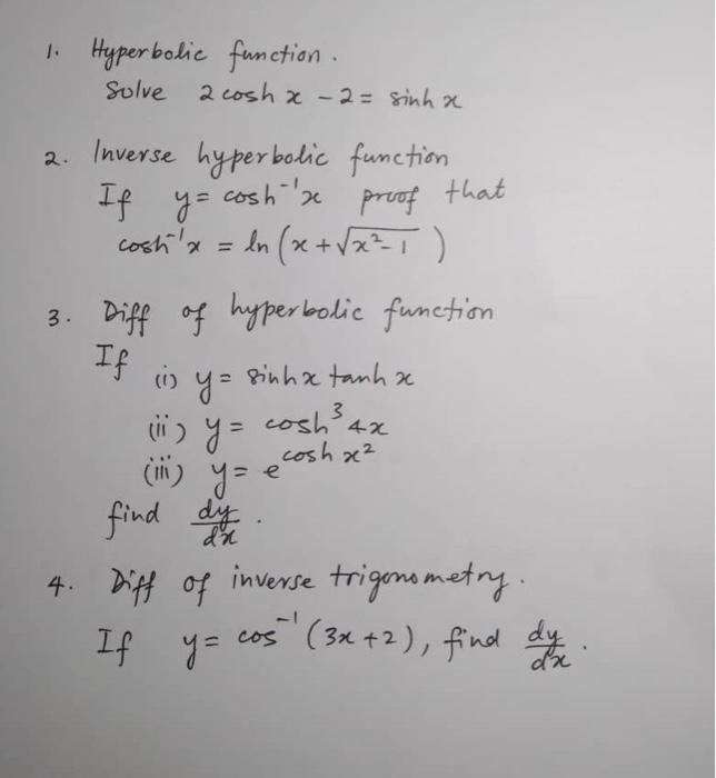 Solved Hyperbolic function. solve 2 cosh x-2= sinha y = | Chegg.com