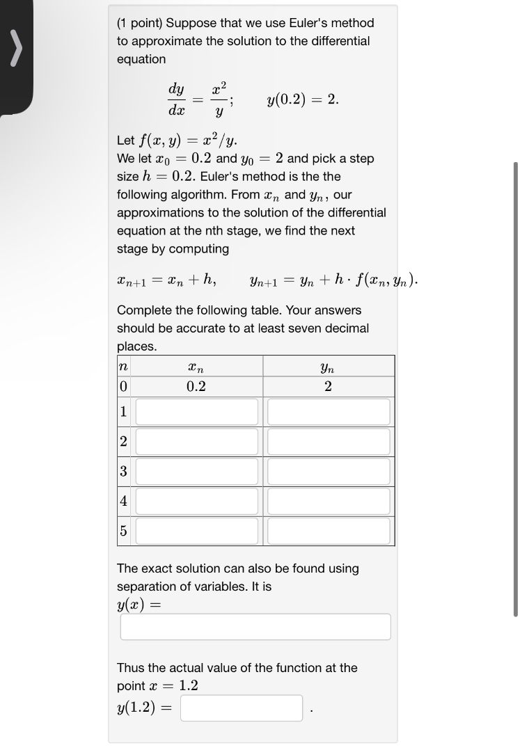 Solved (1 ﻿point) ﻿Suppose that we use Euler's method to | Chegg.com