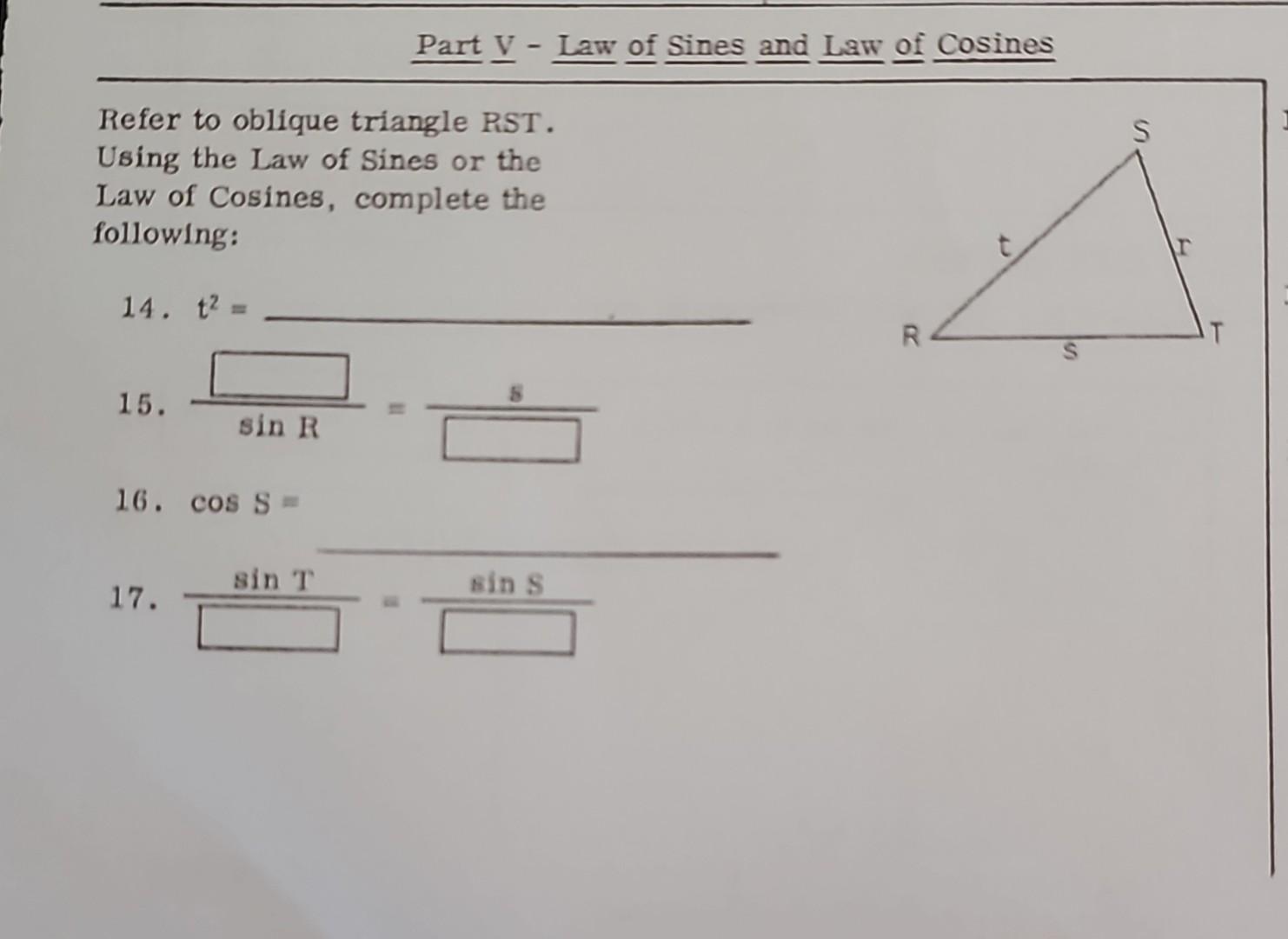 Solved Part V - Law of Sines and Law of Cosines Refer to | Chegg.com