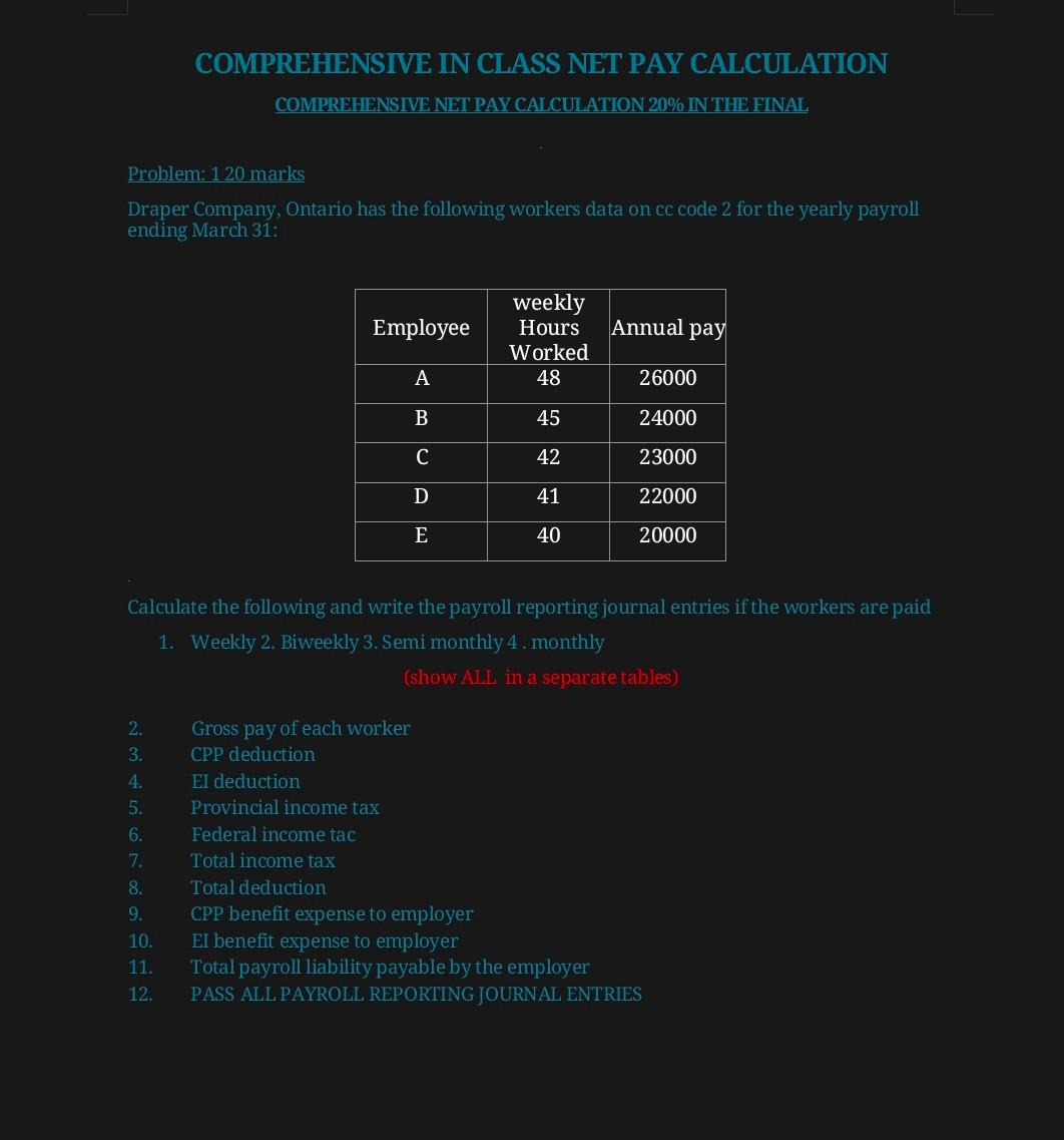 Solved COMPREHENSIVE IN CLASS NET PAY CALCULATION | Chegg.com