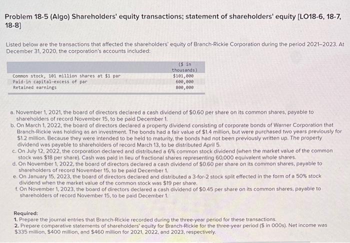 Solved Problem 18-5 (Algo) Shareholders' equity | Chegg.com