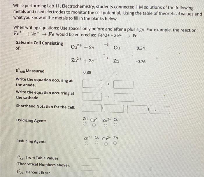 Solved While performing Lab 11, Electrochemistry, students | Chegg.com