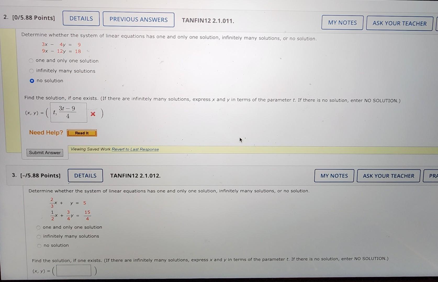 Solved Determine whether the system of linear equations has | Chegg.com
