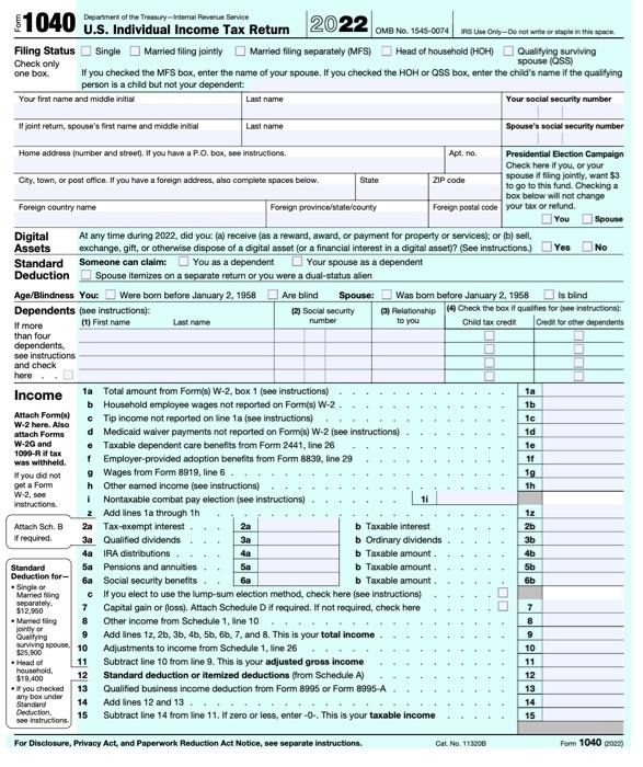 Can you fill out the 1040 form based on the | Chegg.com