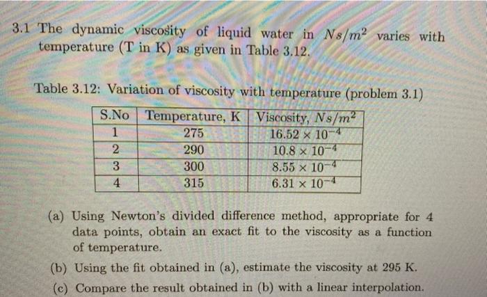 Solved 1 The dynamic viscosity of liquid water in Ns/m2 | Chegg.com