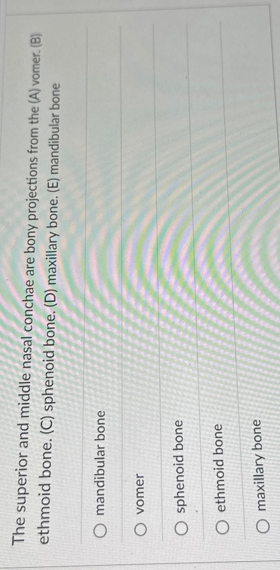 Solved The superior and middle nasal conchae are bony | Chegg.com