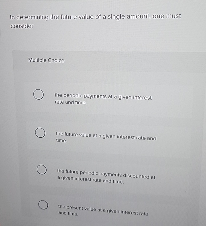 Solved In determining the future value of a single amount, | Chegg.com