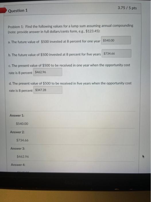 Problem 1: Find the following values for a lump sum | Chegg.com
