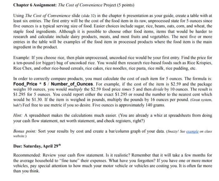 Solved Chapter 6 Assignment: The Cost of Convenience Project | Chegg.com