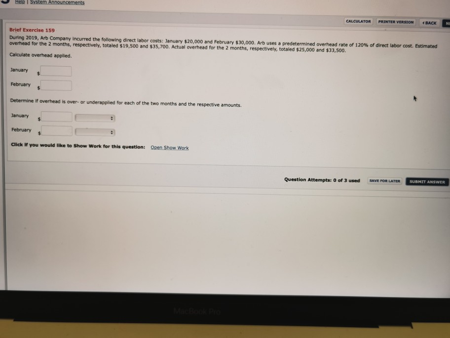 Solved HelR System Announcements CALCULATOR PRINTER VERSION | Chegg.com