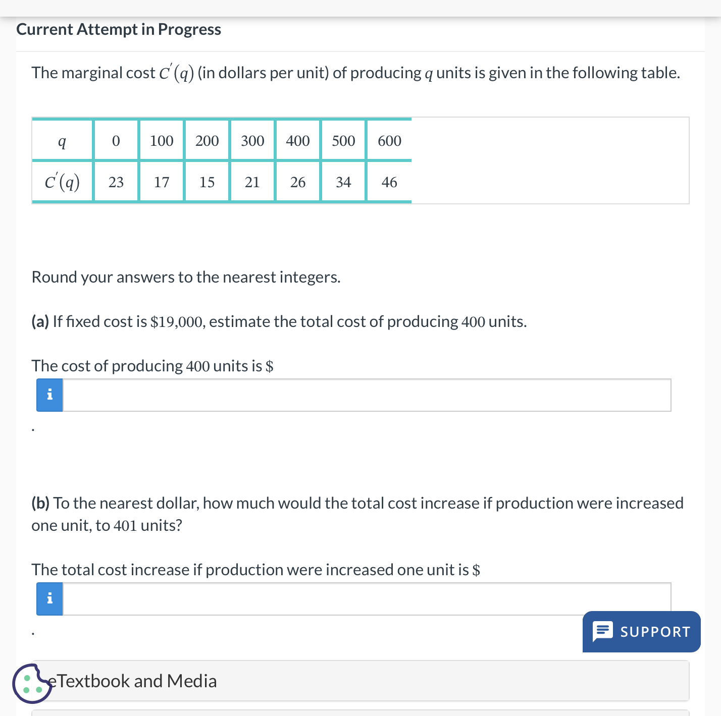 Solved Current Attempt in ProgressThe marginal cost | Chegg.com
