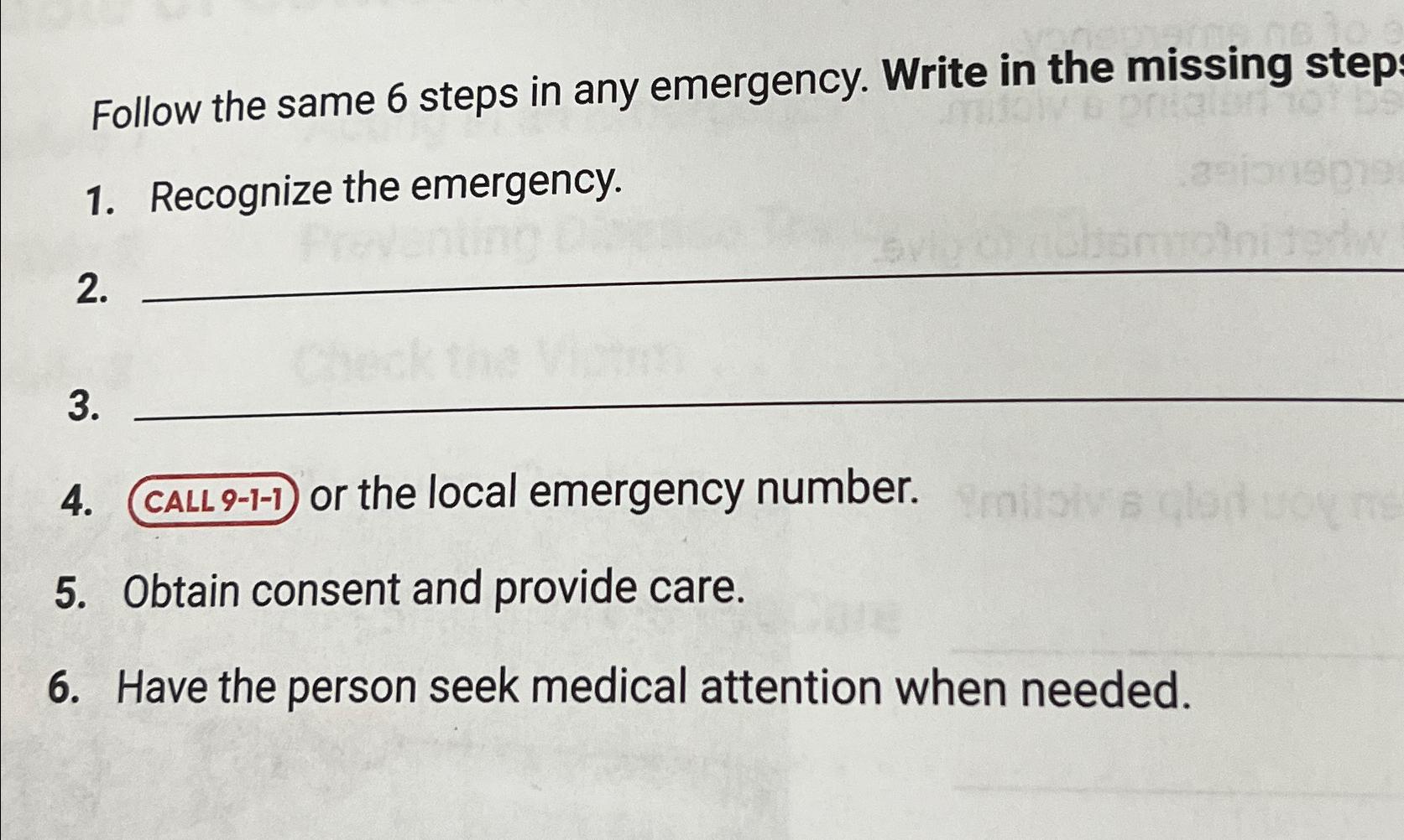 Solved Follow the same 6 ﻿steps in any emergency. Write in | Chegg.com