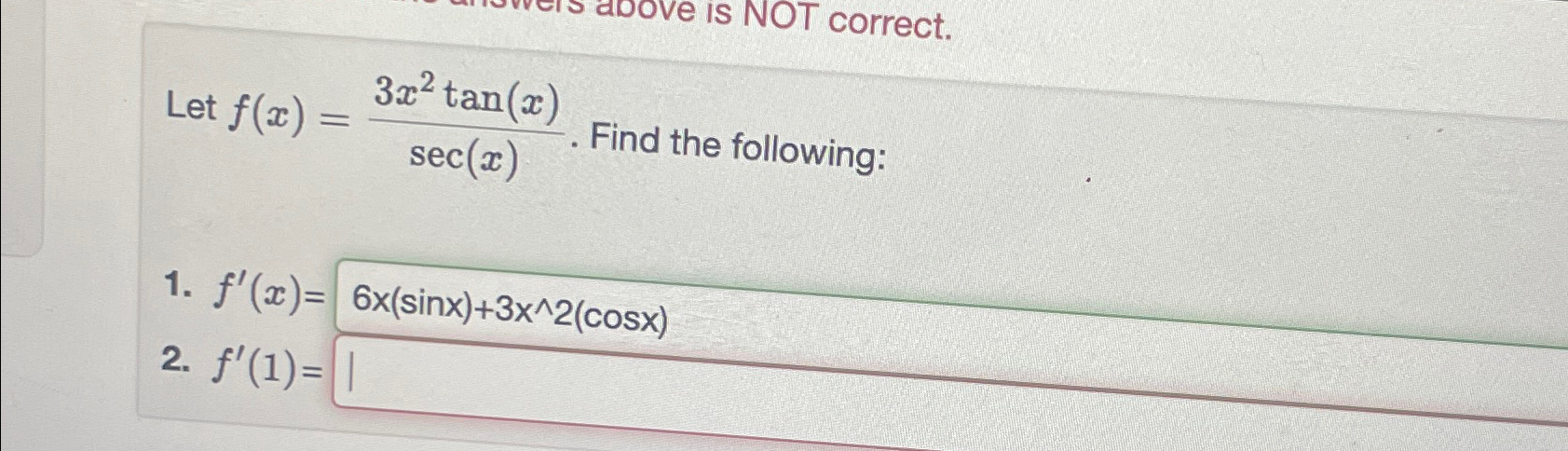 Solved Let f(x)=3x2tan(x)sec(x). ﻿Find the following:f'(x)= | Chegg.com