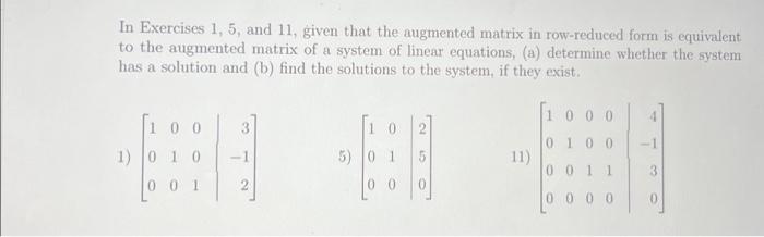 Solved In Exercises 1, 5, and 11, given that the augmented | Chegg.com
