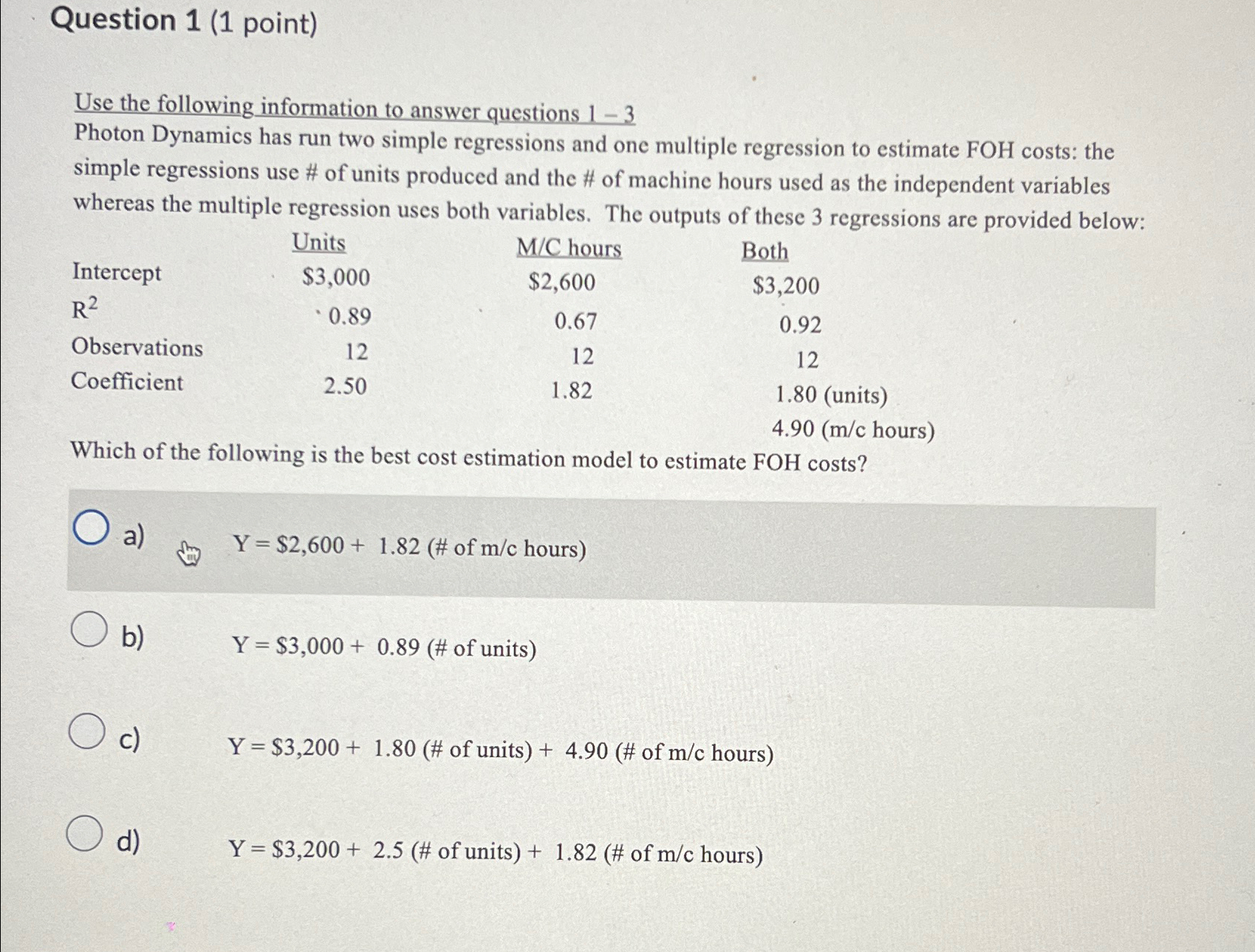 Solved Question 1 (1 ﻿point)Use the following information to | Chegg.com