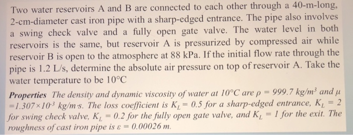 Solved Two water reservoirs A and B are connected to each | Chegg.com