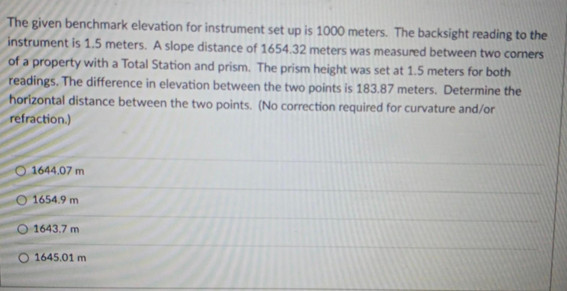 Solved The given benchmark elevation for instrument set up | Chegg.com