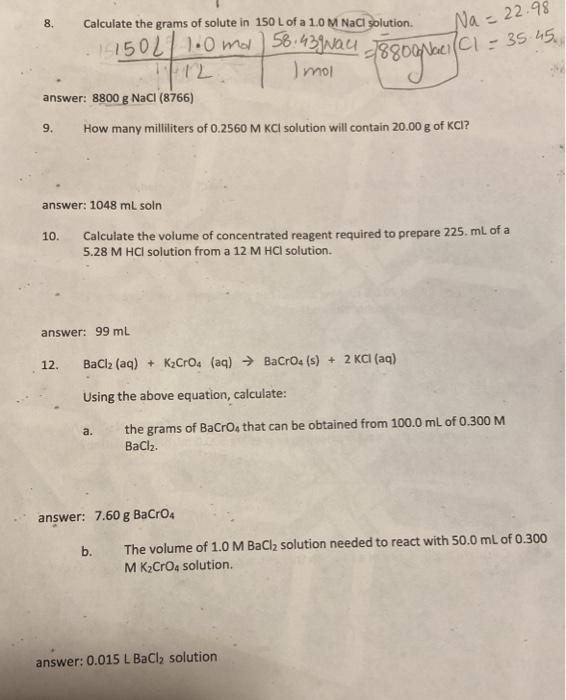 Solved 8. Na = 22.98 Calculate the grams of solute in 150 L | Chegg.com