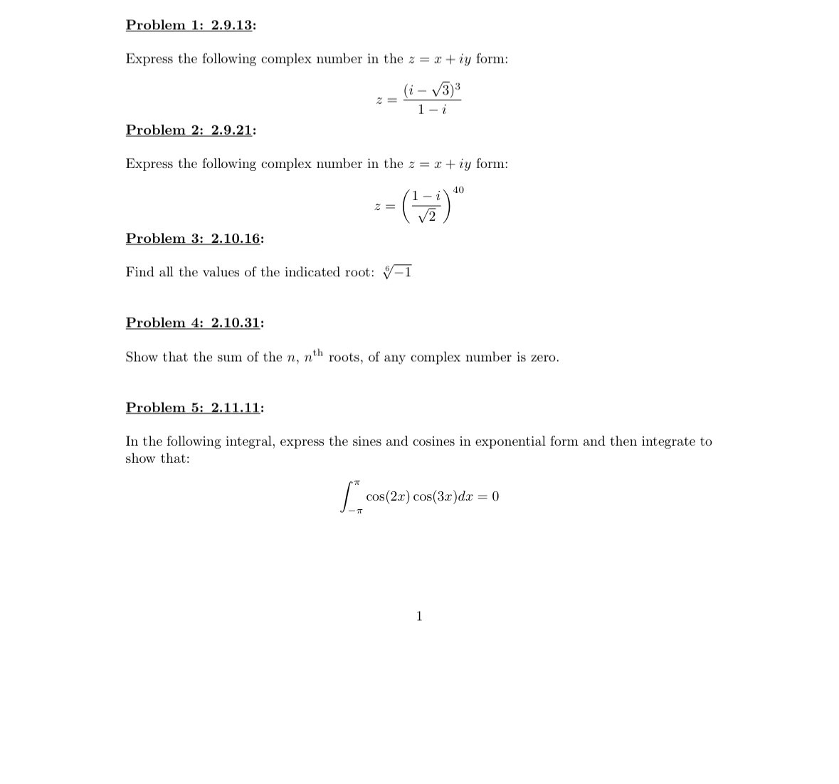 Solved Problem 1: 2.9.13:Express the following complex | Chegg.com