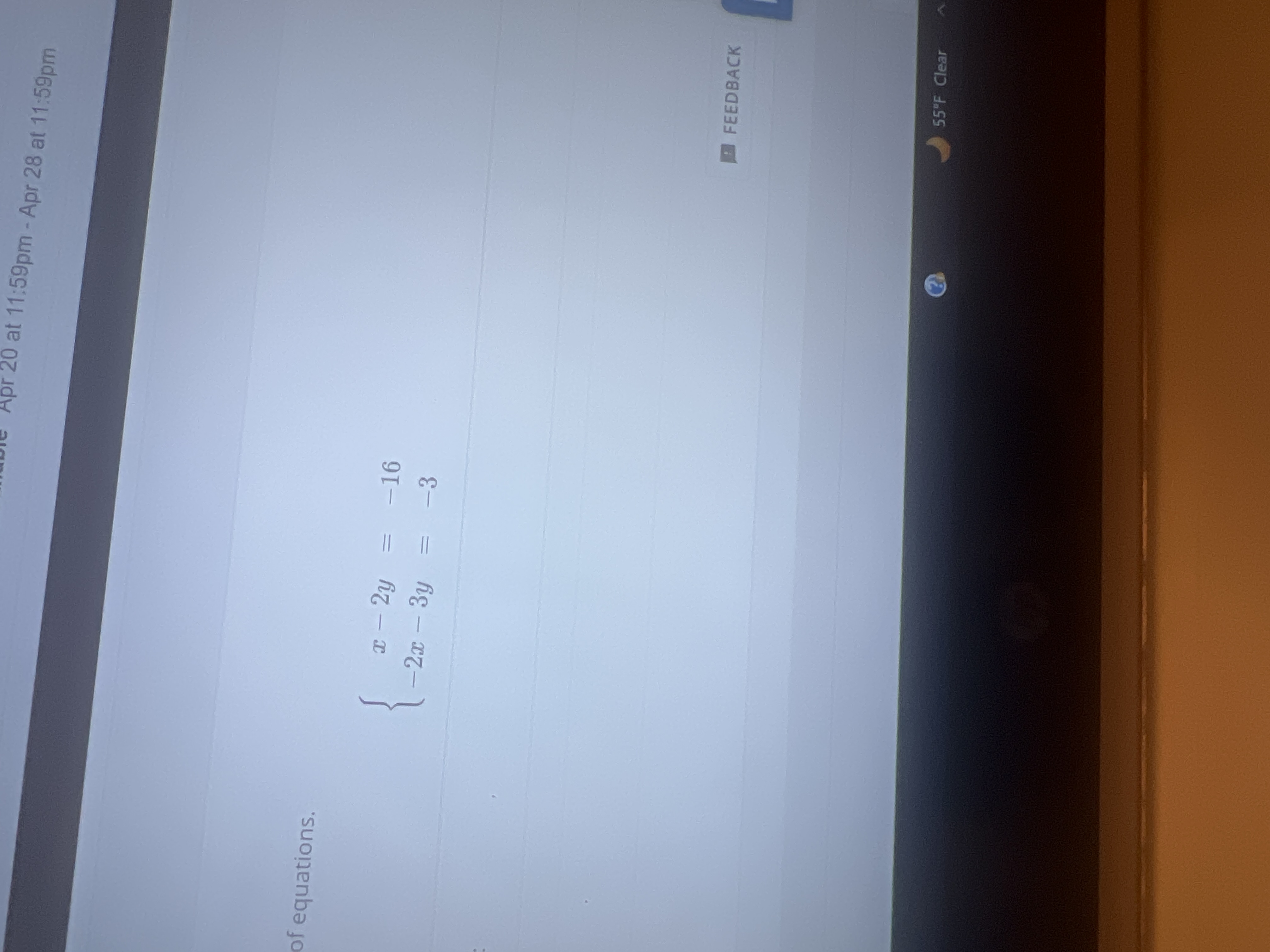 Solved of equations.x-2y=-16-2x-3y=-3 | Chegg.com