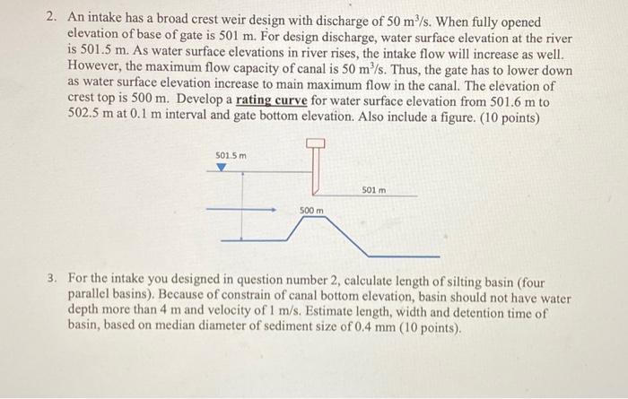 Solved m. 2. An intake has a broad crest weir design with | Chegg.com