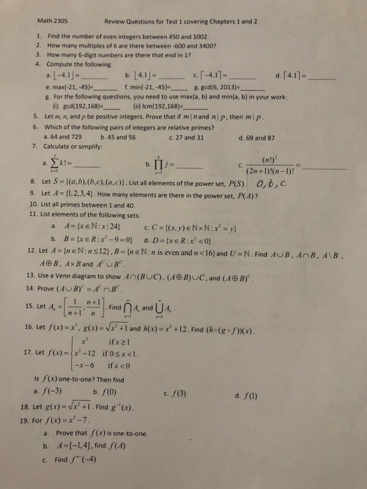 Solved Math 2305 Review Questions for Test 1 covering | Chegg.com