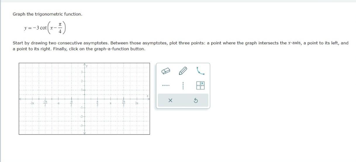 Solved Graph the trigonometric function. y=−3cot(x−4π) a | Chegg.com