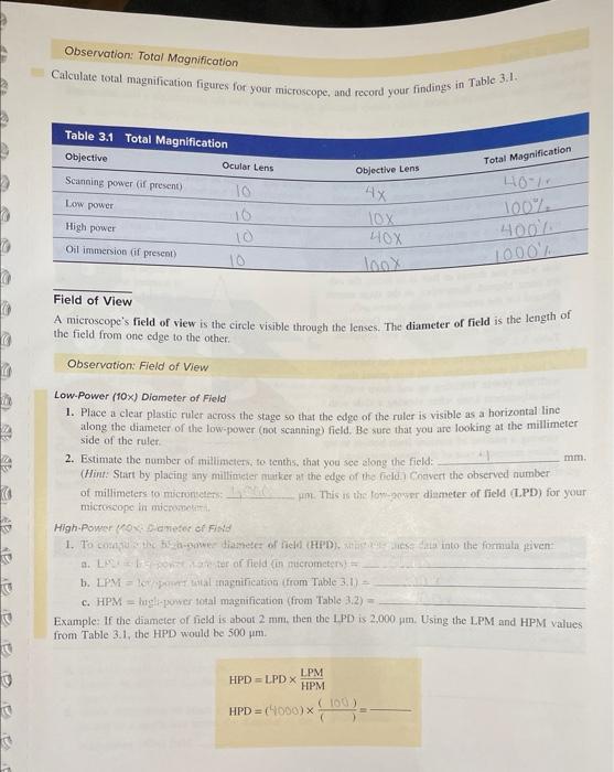 Observation: Total Magnification Calculate total | Chegg.com