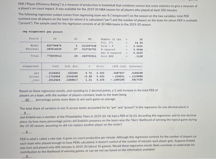Solved PER ("Player Efficiency Rating") is a measure of | Chegg.com