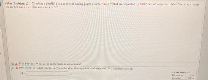 Solved (8\%) Problem 12: Consider a parallel plate capacitor | Chegg.com Solved (8\%) Problem 12: Consider a parallel plate capacitor | Chegg.com