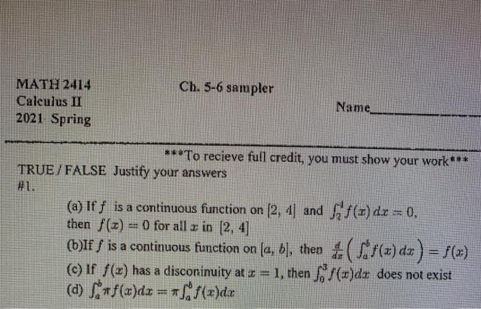 Solved Ch. 5-6 sampler MATH 2414 Calculus II 2021 Spring | Chegg.com