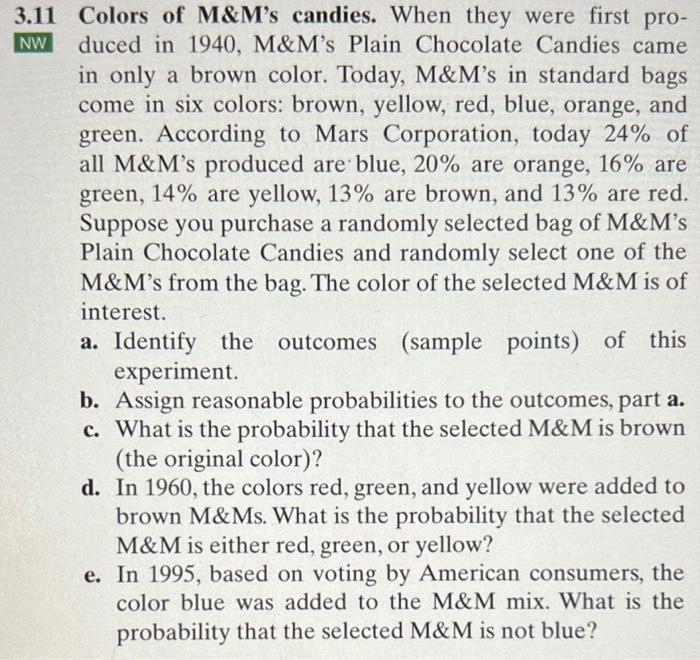 Solved 11 Colors of M\&M's candies. When they were first | Chegg.com