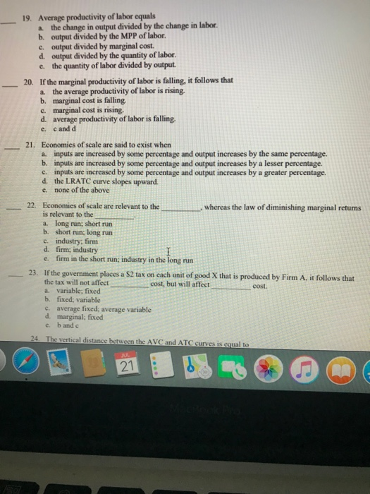 Solved 19. Average productivity of labor equals a. the | Chegg.com