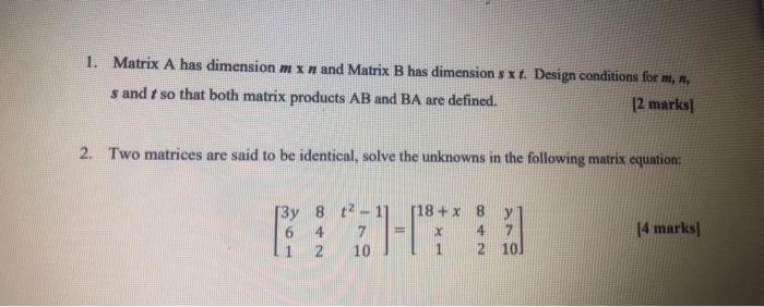 Solved 1. Matrix A has dimension m×n and Matrix B has | Chegg.com