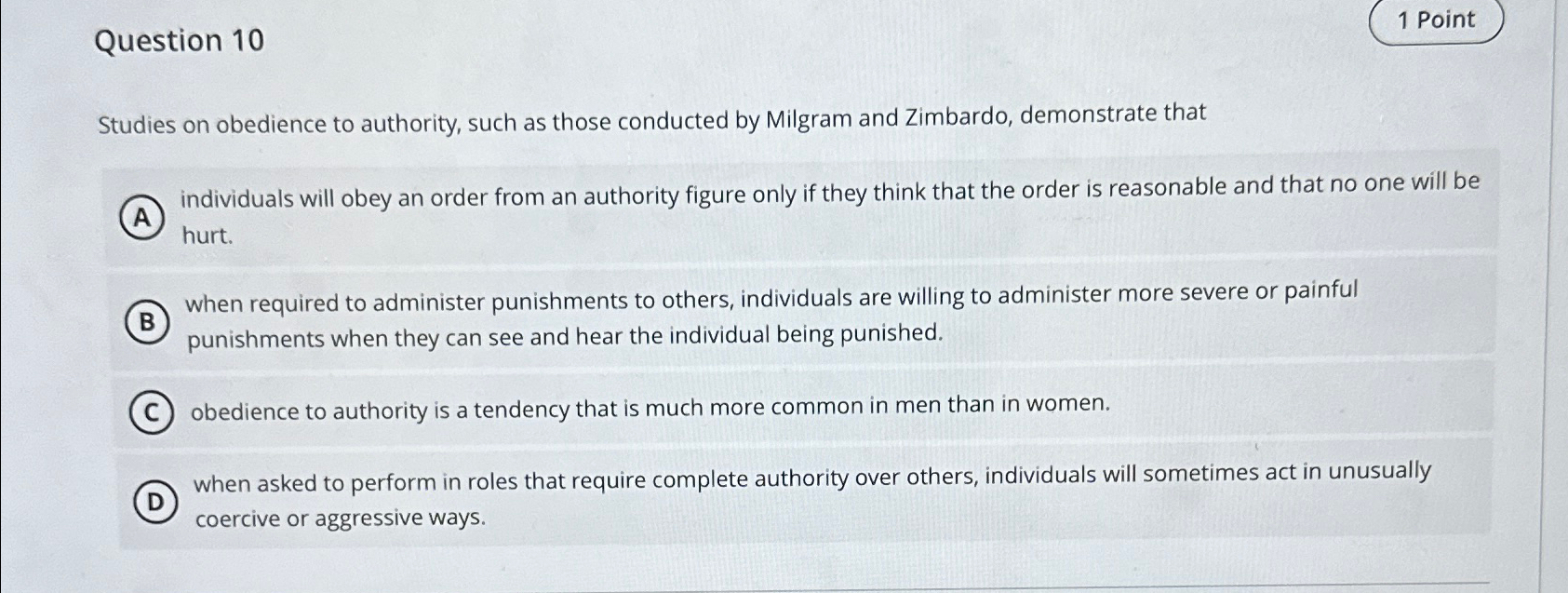 Solved Question 101 ﻿PointStudies on obedience to authority, | Chegg.com