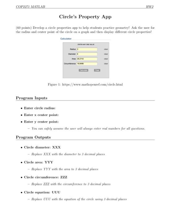 Solved Circle's Property App (60 points) Develop a circle | Chegg.com