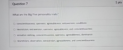 Solved Question 71 ﻿ptsWhat are the Big Five personality | Chegg.com