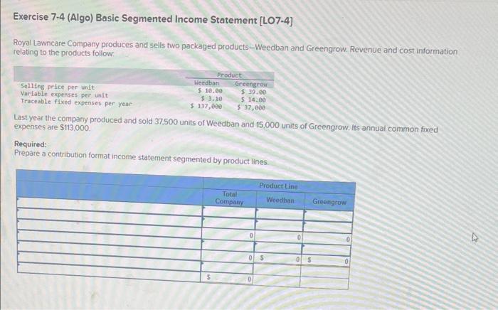 Solved Exercise 7-4 (Algo) Basic Segmented Income Statement | Chegg.com