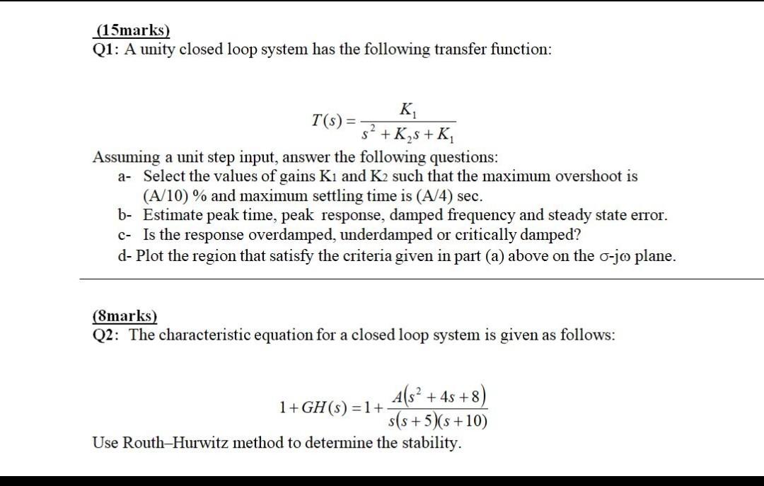 Solved (15marks) Q1: A unity closed loop system has the | Chegg.com