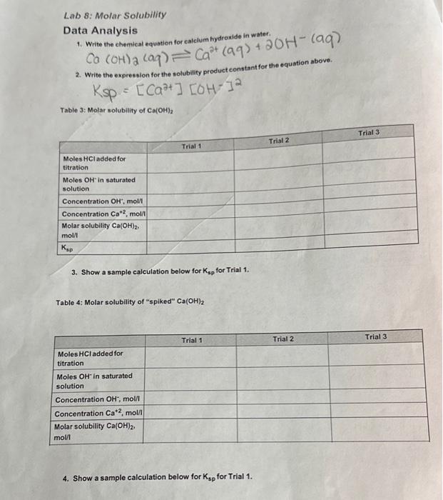 Lab 8: Molar Solubility Data Table 1: Titration of | Chegg.com
