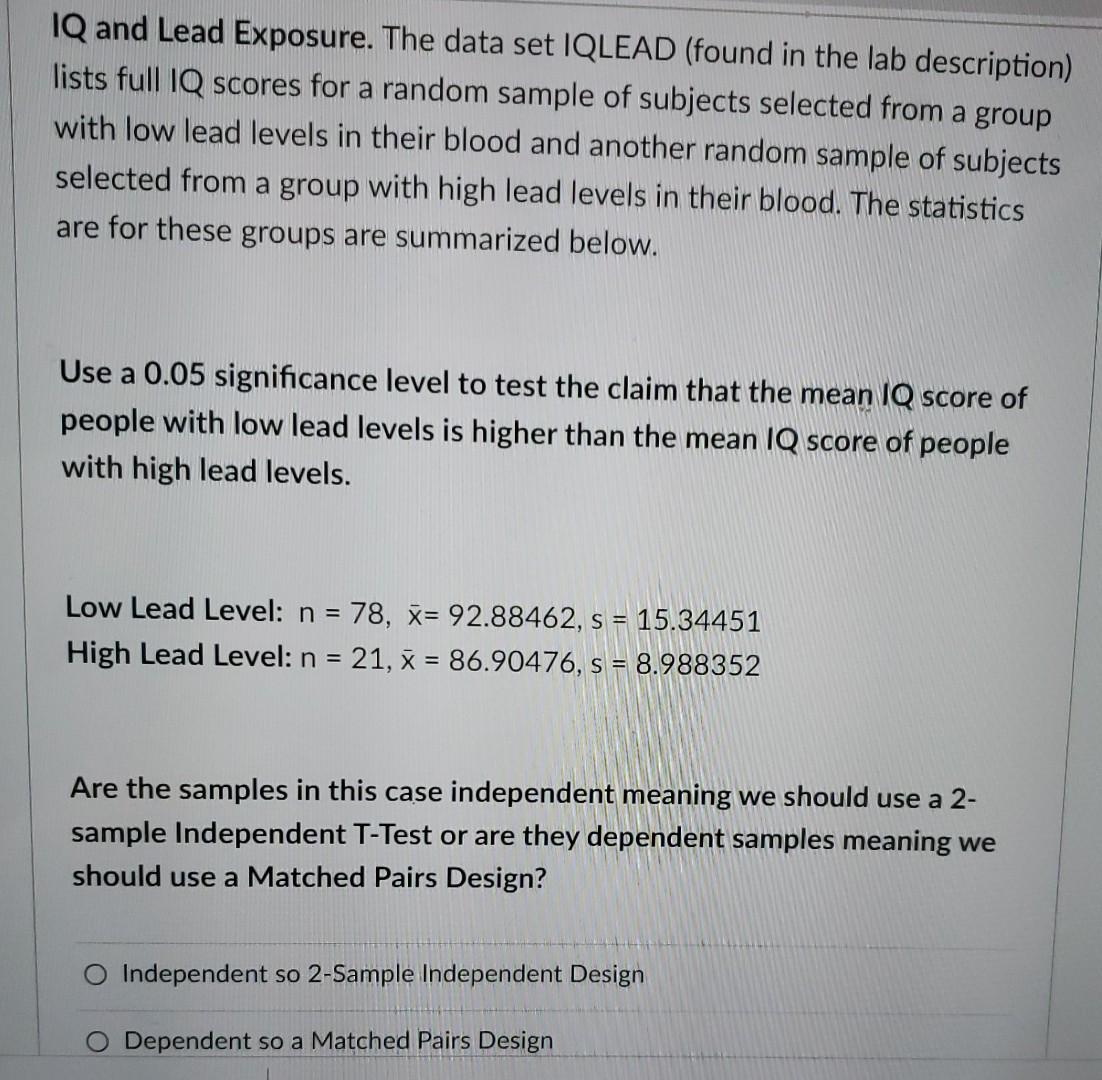 Solved a IQ and Lead Exposure. The data set IQLEAD (found in | Chegg.com