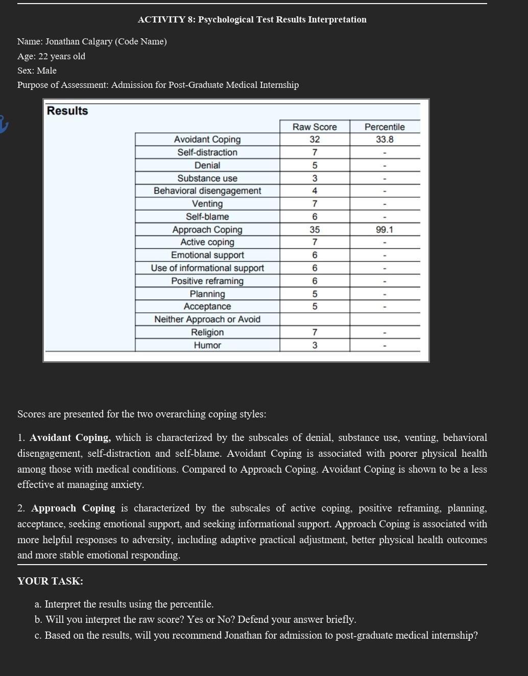 ACTIVITY 8: Psychological Test Results Interpretation | Chegg.com