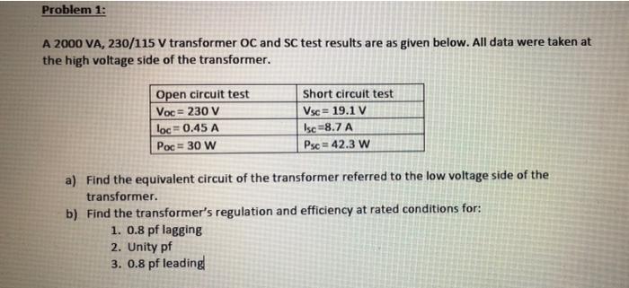 Solved Problem 1: A 2000 VA, 230/115 V transformer OC and SC | Chegg.com