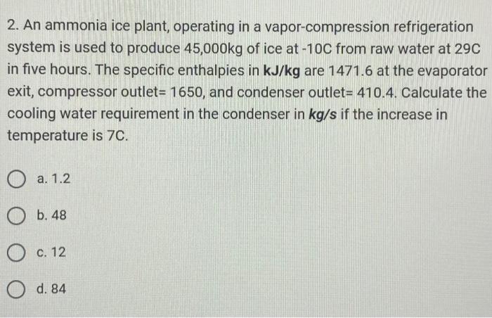 Solved 2. An ammonia ice plant, operating in a | Chegg.com