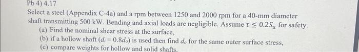 Select a steel (Appendix C-4a) and a rpm between 1250 | Chegg.com