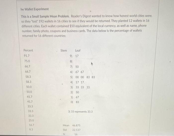 Solved he Wallet Experiment This is a Small Sample Mean | Chegg.com