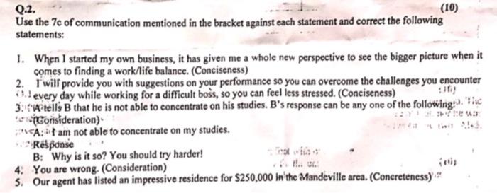 Q.2. Use the 7c of communication mentioned in the | Chegg.com