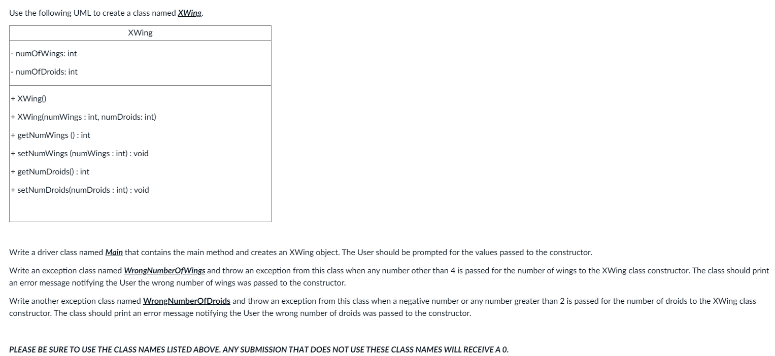 Solved Use the following UML to create a class named XWing.- | Chegg.com