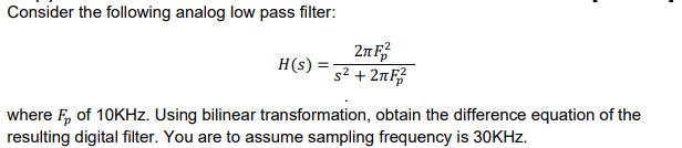 Solved Consider the following analog low pass | Chegg.com